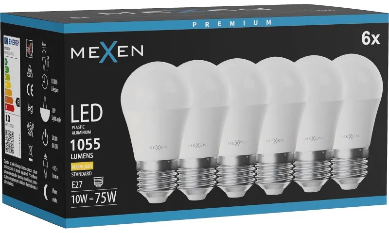 Mexen Nova 6x LED žárovka E27, G45, 10W, Teplá - 3000K, 1055 lm - L101-E27-1030-01x06