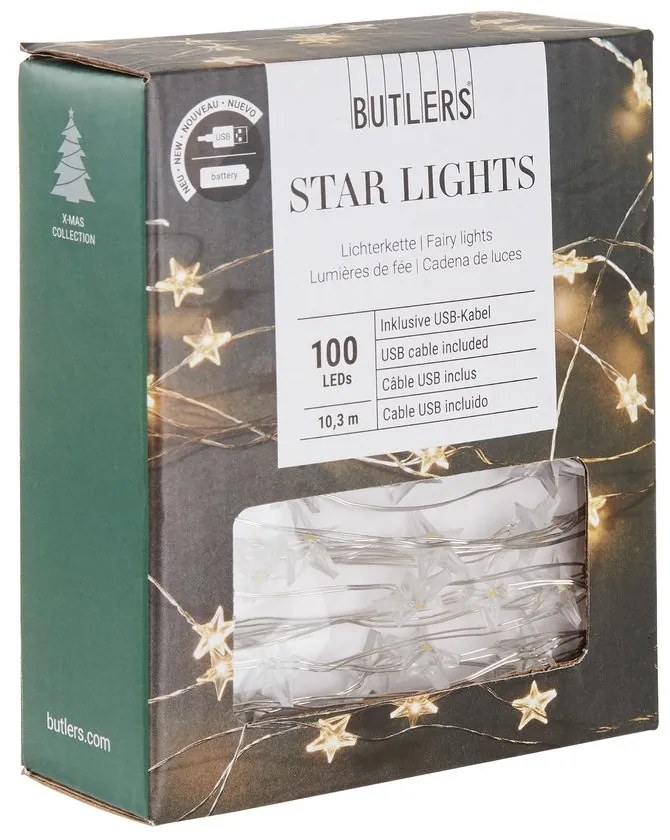 Butlers STAR LIGHTS LED Světelný řetěz drátěné hvězdy s USB 100 světel