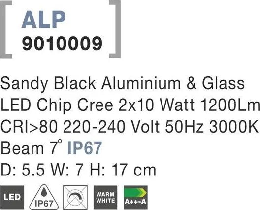 NV 9010009 Venkovní nástěnné svítidlo ALP černý hliník a sklo LED Chip Cree 10W 220-240V 3000K 7st. IP65 - NOVA LUCE