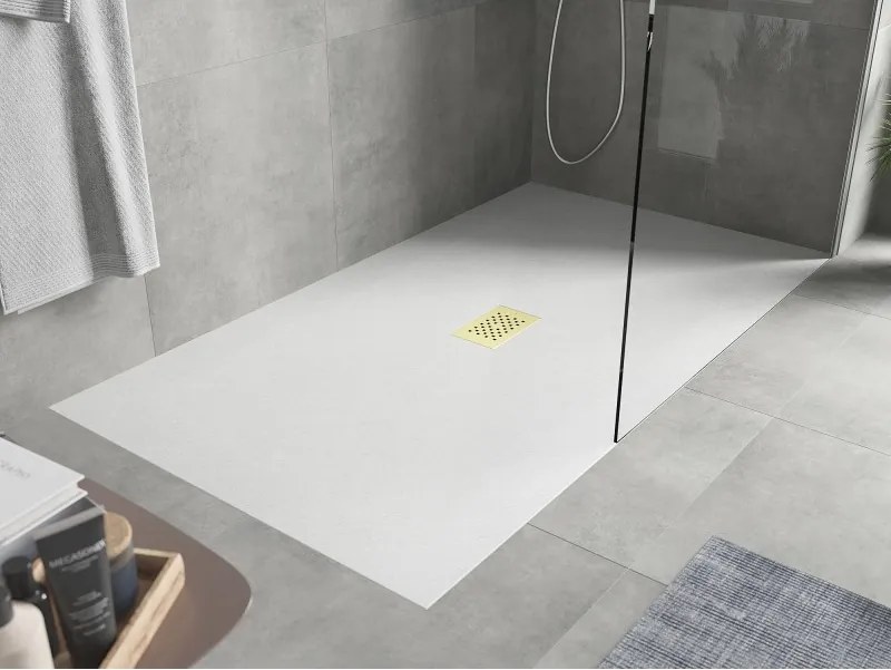 Mexen Hugo, obdélníková sprchová vanička SMC 150 x 100 cm, bílá, zlatá krytka, 42101015-G