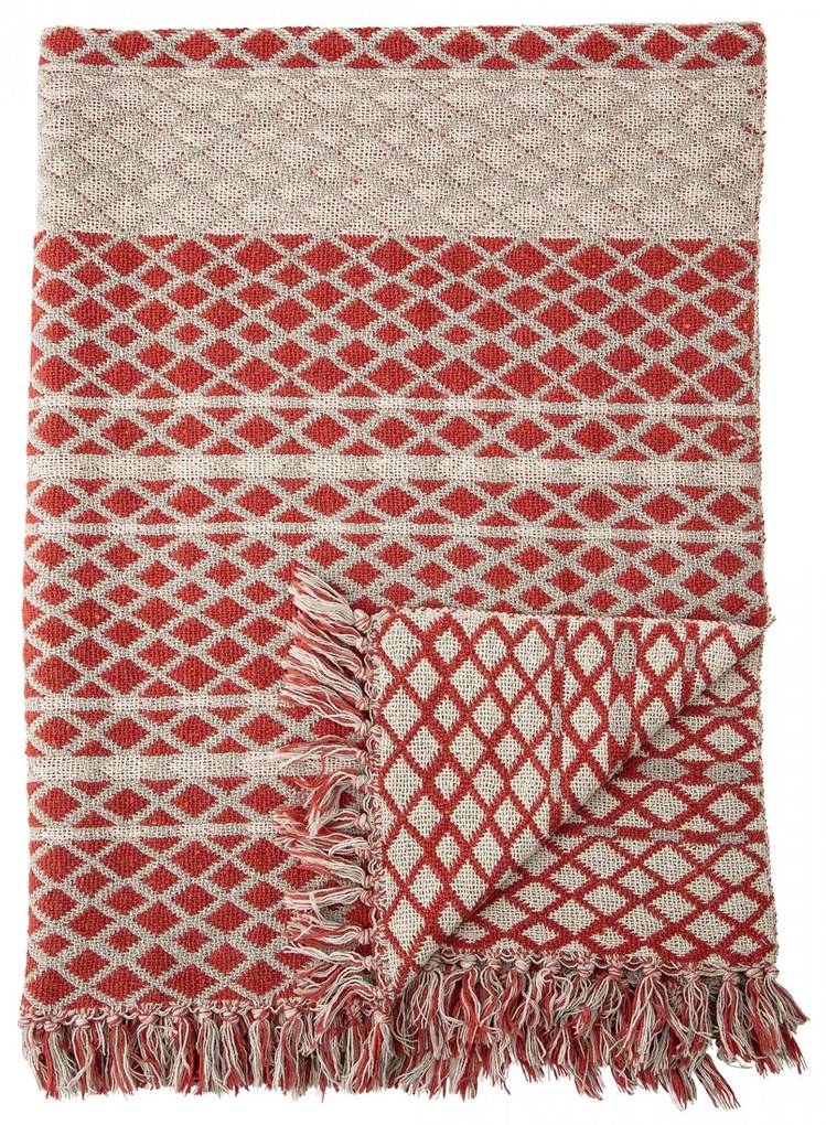 Bloomingville Bavlněný přehoz Recycled Cotton Red 160 x 130 cm, červená barva, šedá barva, bílá barva, textil