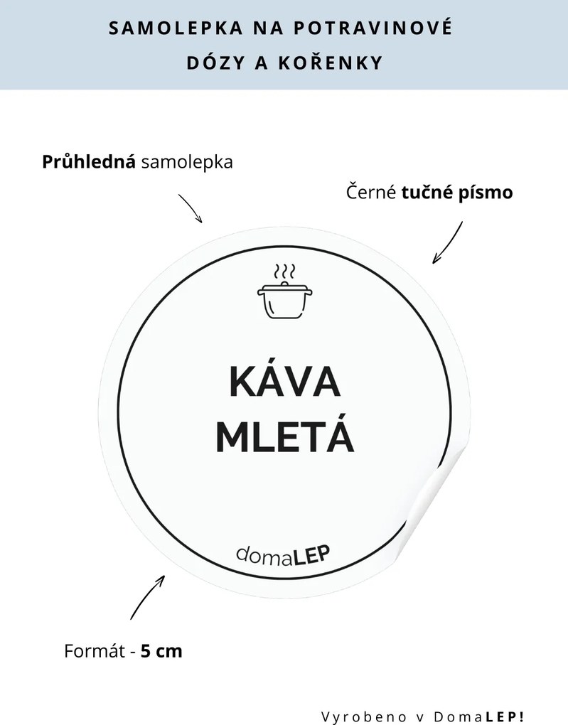 KÁVA – průhledná samolepka na dózu, tučné písmo, 5 cm | DomaLEP