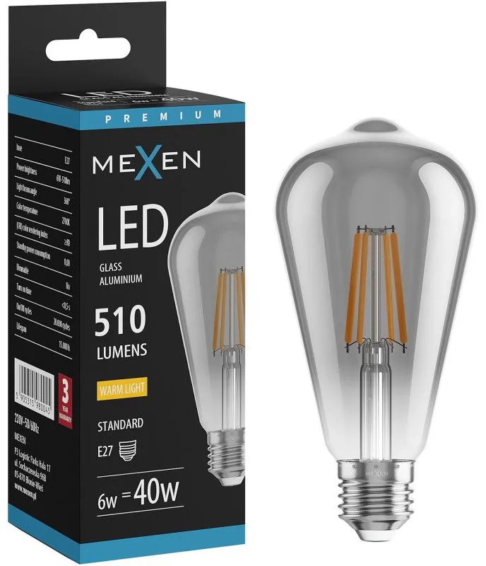 Mexen Vintis LED vlákno žárovka E27, ST64, 6W, Teplá - 2700K, 510 lm, kouřová - L152-E27-0627-70