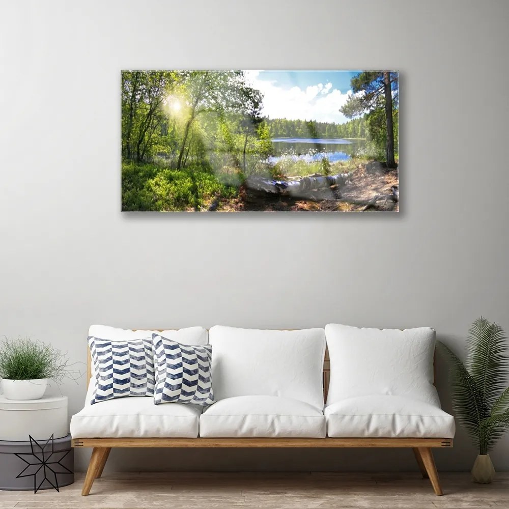Obraz na skle Les Stromy Jezero Příroda 120x60 cm