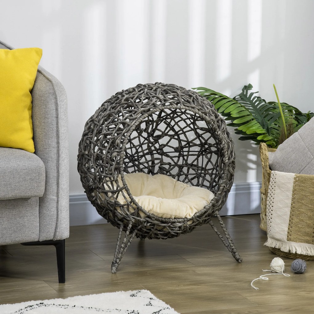 PawHut ratanový domeček pro kočky Elegantní kočičí jeskyně s polštářem, vyvýšené nohy, stříbrně šedá, Ø52x58cm