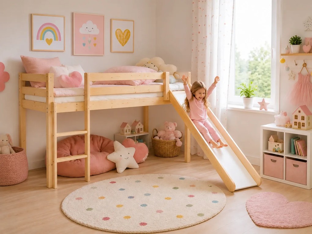 Dětská vyvýšená postel z masivu se skluzavkou 200x90 cm – přírodní lak