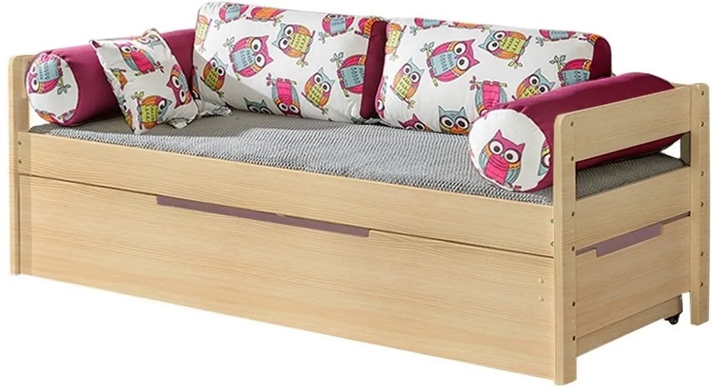 Dětská postel s úložným prostorem Boris - přírodní borovice / sovičky