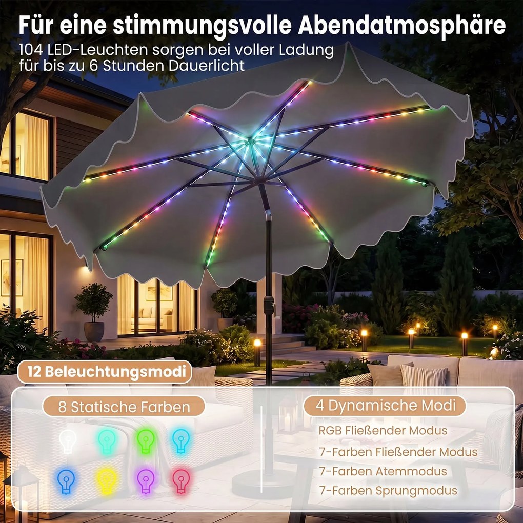 Costway Slunečník 270 cm s LED solárním osvětlením Větruodolný s 8 žebrováním