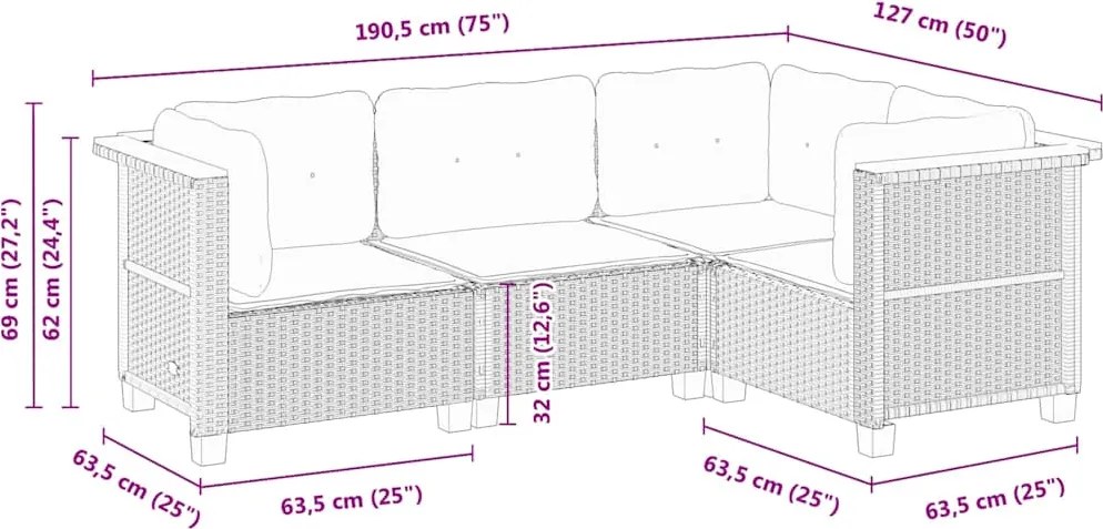 4dílná zahradní sedací souprava s poduškami černá polyratan 3261797