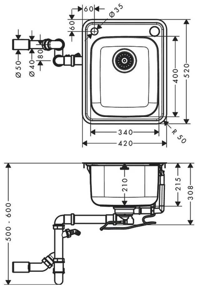 Hansgrohe S41 - S412-F340 Vestavěný dřez 340/400, nerezová ocel 43334800