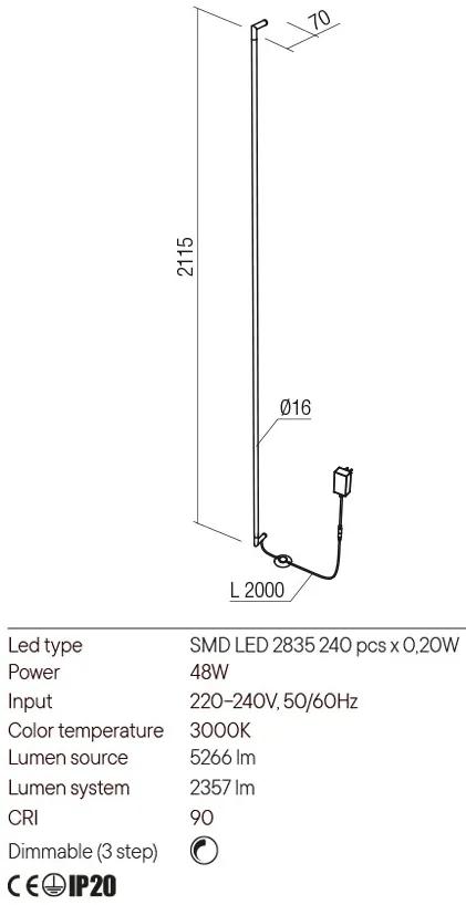 Redo Nástěnná LED lampa Stick, v. 2115mm Barva: Mosaz