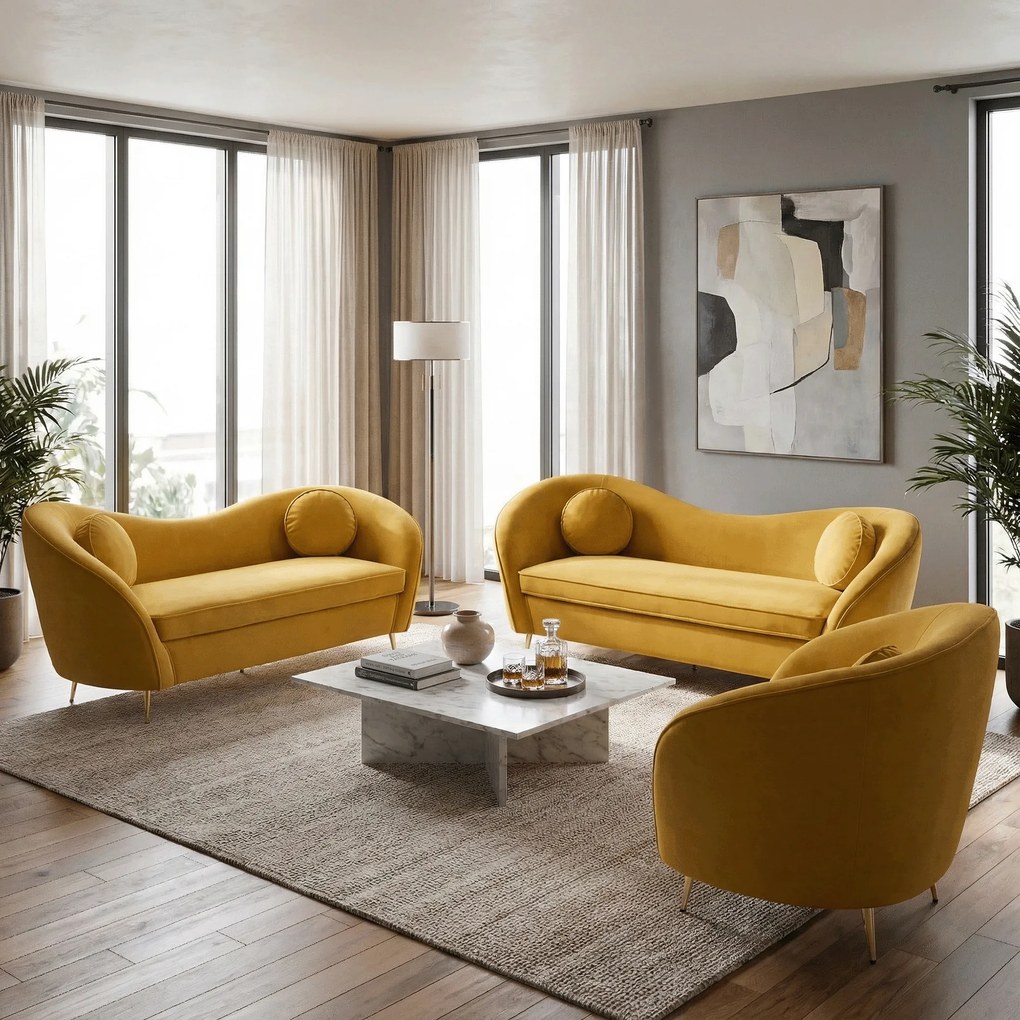 Designové křeslo, žlutá Velvet látka/gold chrom zlatá, EZIO