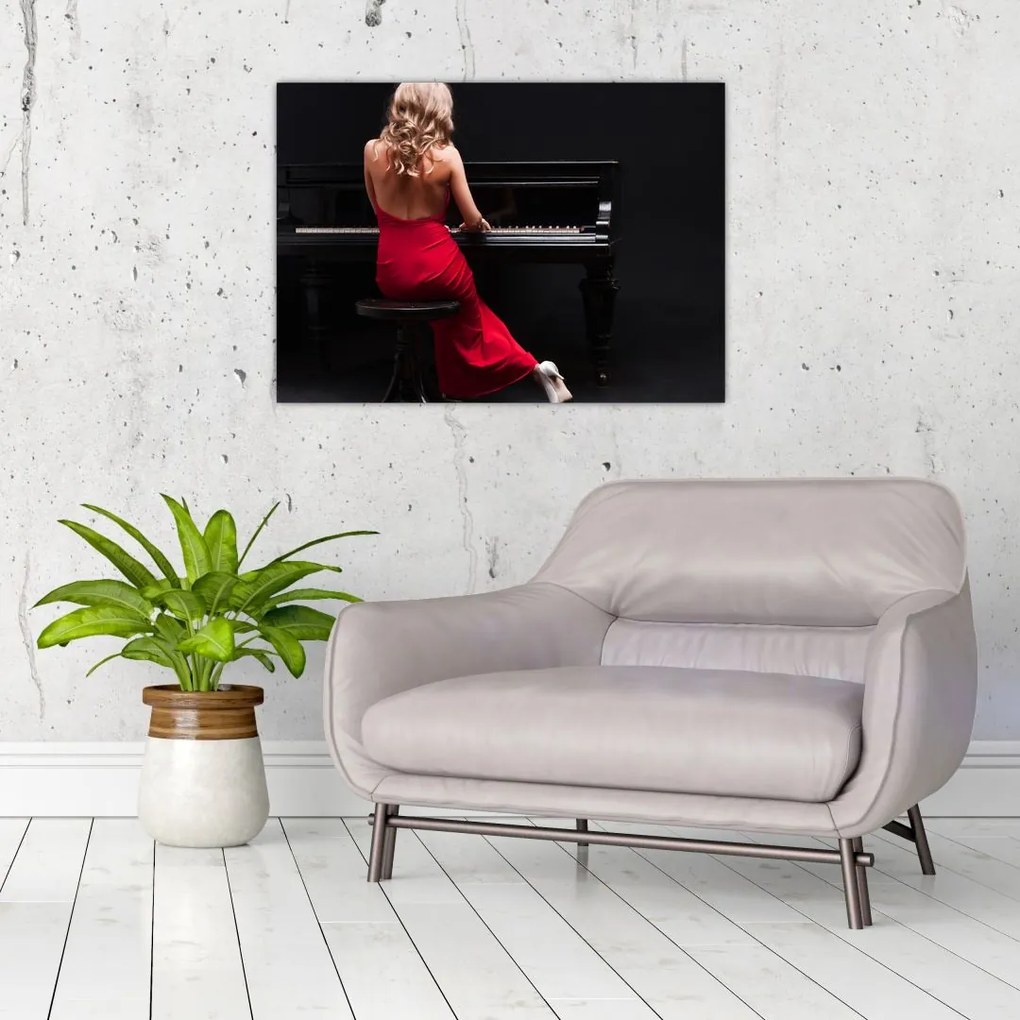 Skleněný obraz ženy hrající na klavír (70x50 cm)