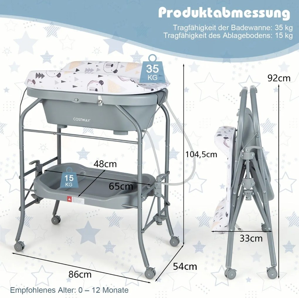 Costway Dětský přebalovací stůl s vaničkou Přenosný s PVC vrchní vrstvou, šedá