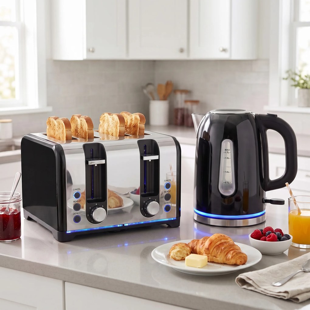 HOMCOM konvice a toastovač set s rychlovarnou konvicí 1,7 l a 7 stupni opečení pro snídaňový set v černé