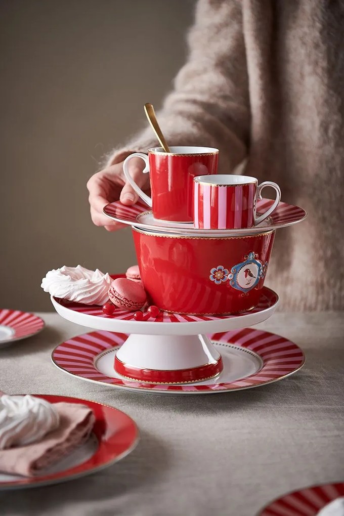 Pip Studio Love Birds dortový podnos Ø24cm, červeno-růžový (porcelánový servírovací podnos)