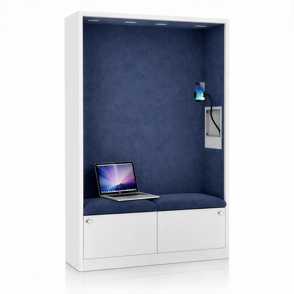 Kancelářská akustická kabina se sedátkem a USB-C portem, korpus bílý / sedák námořnická modrá, 1150 mm: SALLY MentalBox