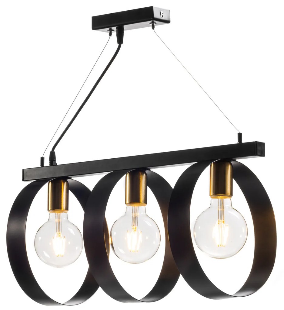 Light for home - Závěsné svítidlo na kovové liště na tři žárovky  s kruhovými stínítky z kovového pásu 14603 "Industriální Elegance", 3x60W, E27, Černá