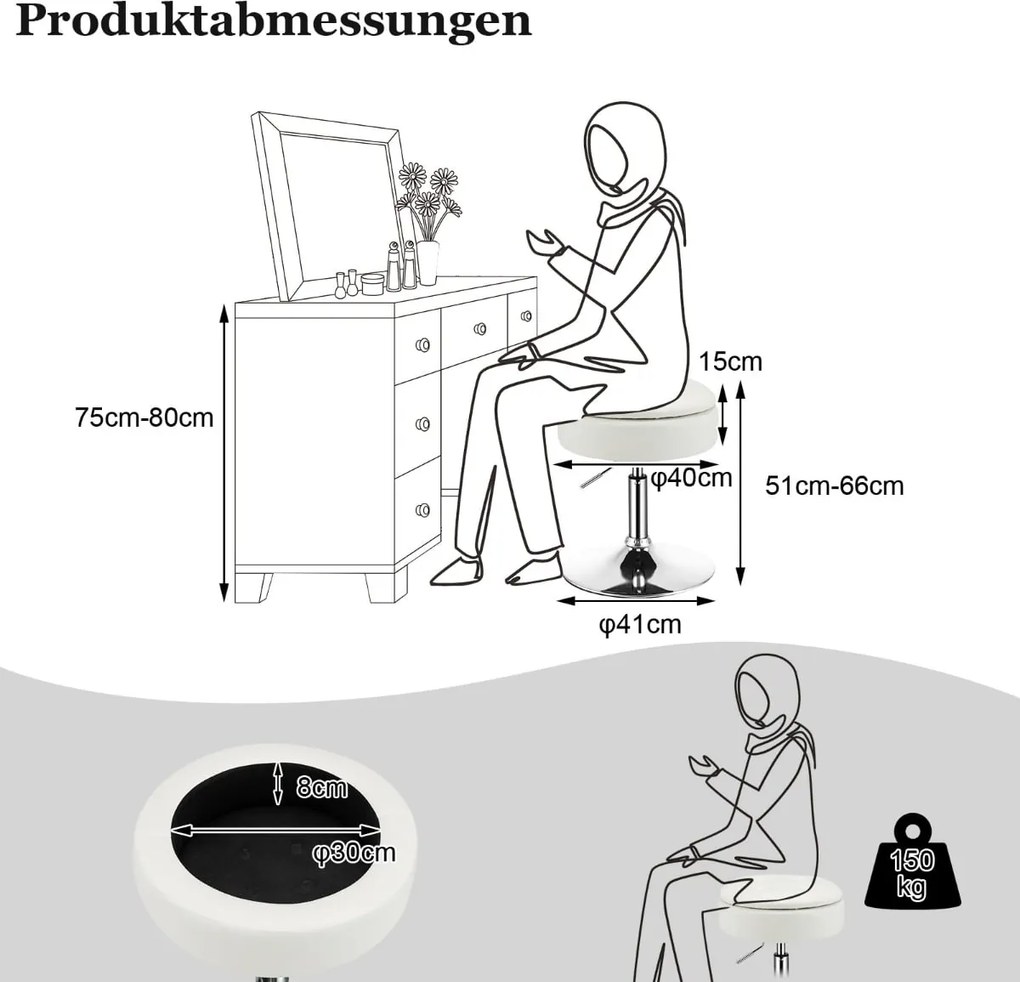 Costway Stolička na make-up s úložným prostorem otočná o 360° z umělé kůže bílé