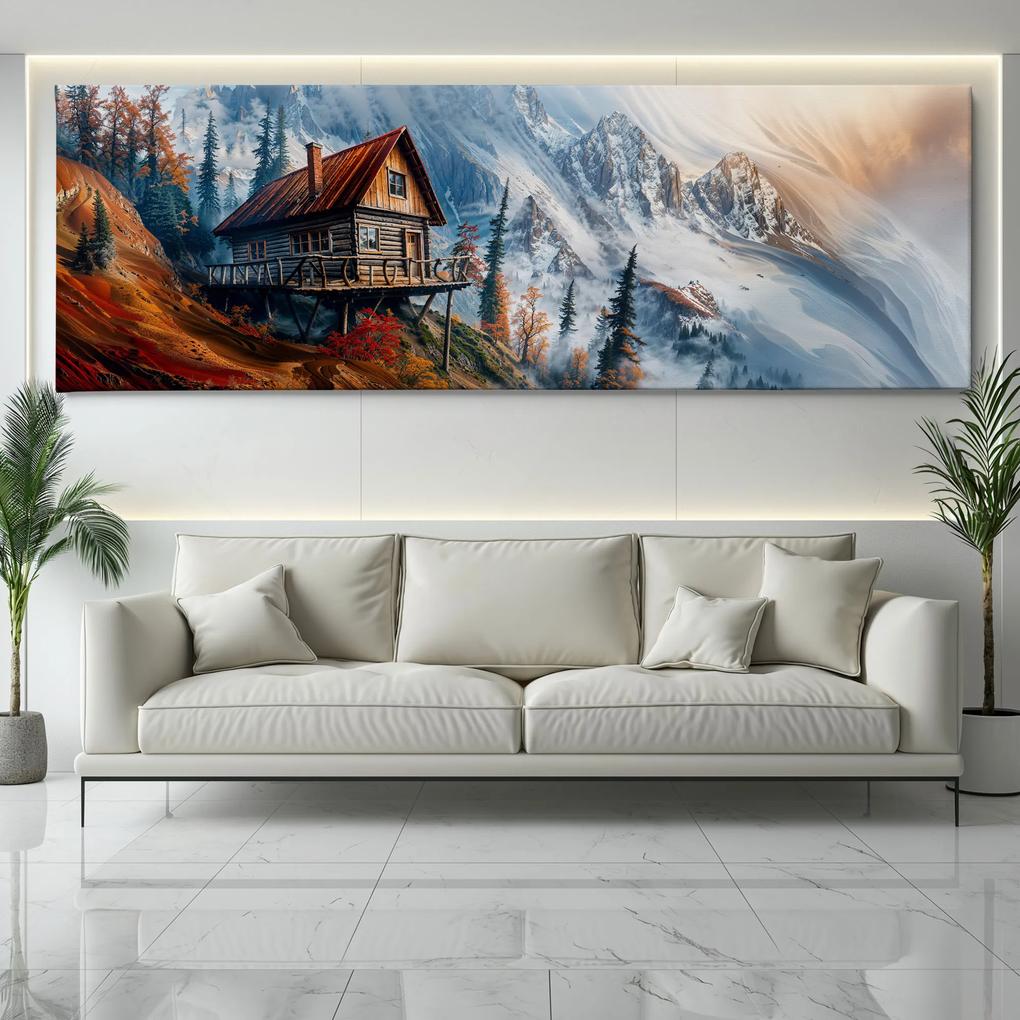 Obraz na plátně - Horská chata v chladném ránu FeelHappy.cz Velikost obrazu: 60 x 20 cm