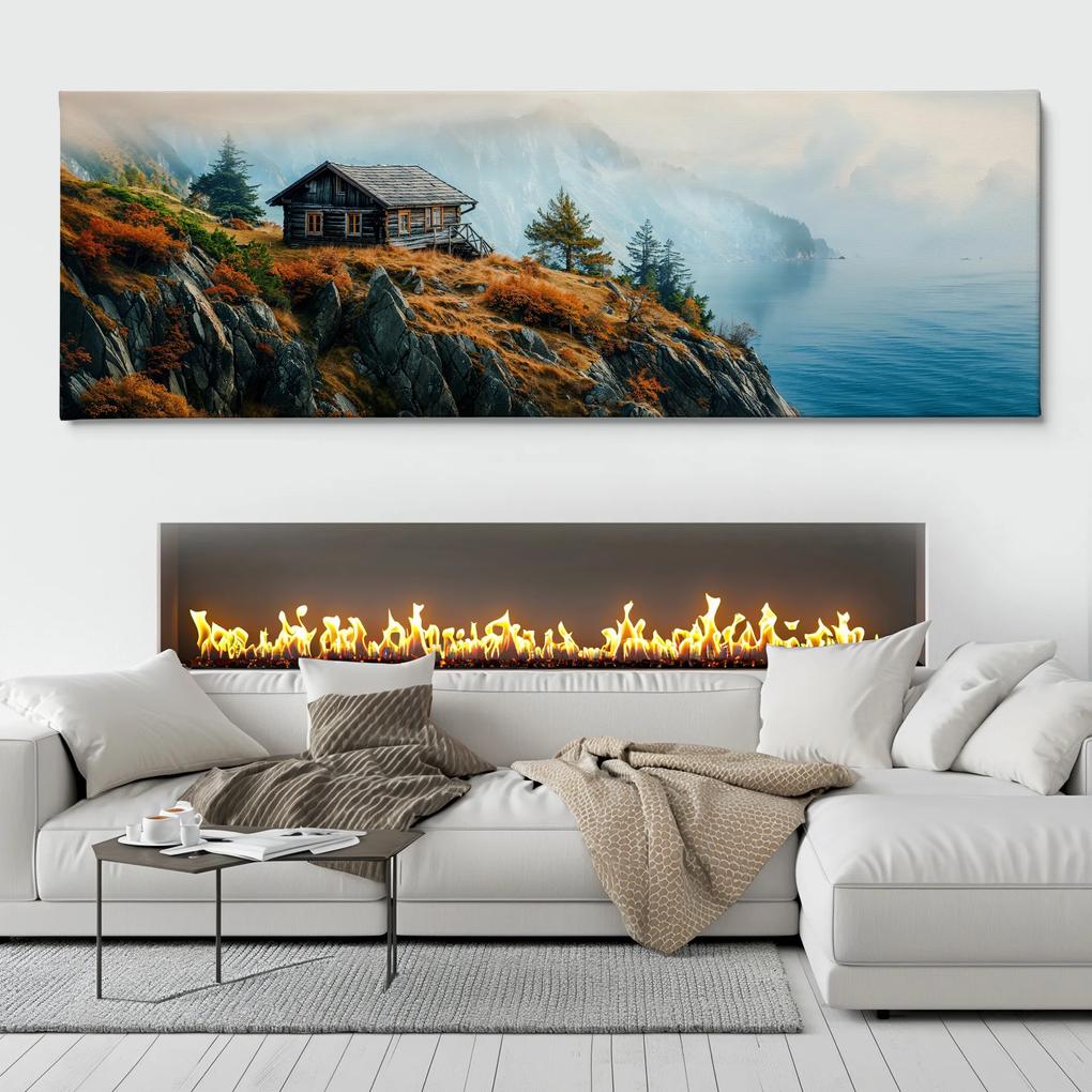 Obraz na plátně - Skalní chatka na mlžném pobřeží FeelHappy.cz Velikost obrazu: 120 x 40 cm
