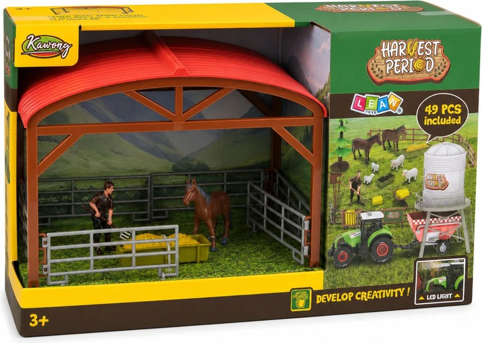 LEAN Toys Sada „Farma“ s traktorem, stájí, silem, figurkami zvířat a nářadím, 49 dílů