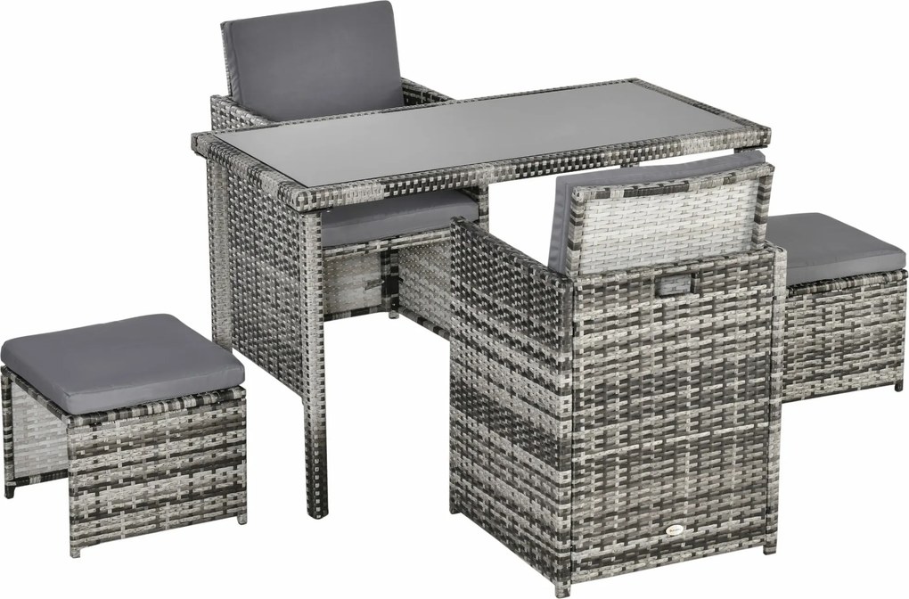 Outsunny Poly Rattan Sedací Skupina Jídelní Set do Zahrady 5 ks s Polštáři, Šedá | Aosom
