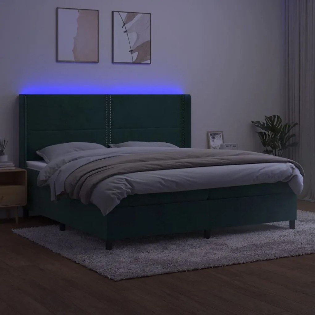 Box spring postel s matrací a LED tmavě zelená 200x200 cm samet,  3139526