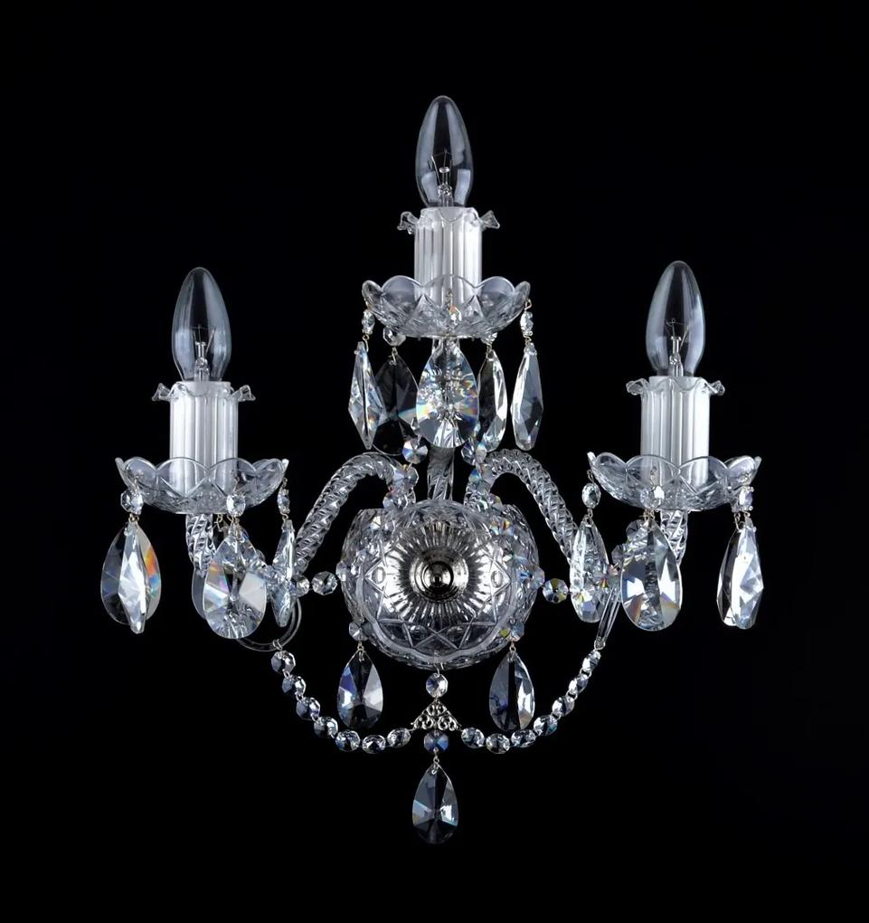 3 ramenné stříbrné křišťálové nástěnné svítidlo s kroucenými skleněnými rameny a křišťálovými mandlemi