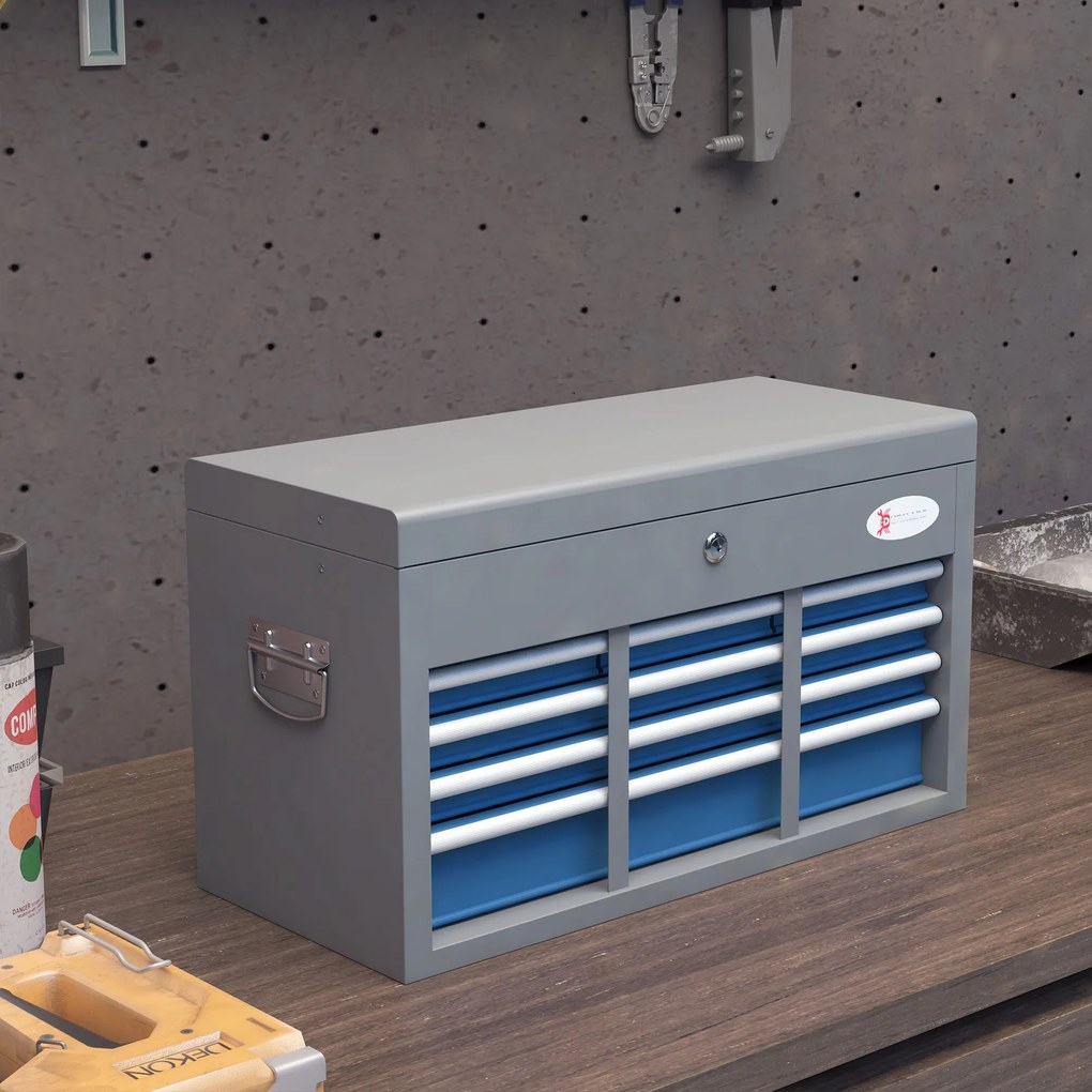 DURHAND Metalová Toolbox se 6 zásuvkami a 1 horním tácem, uzamykatelná se 2 klíči, 2 rukojeti, modrá