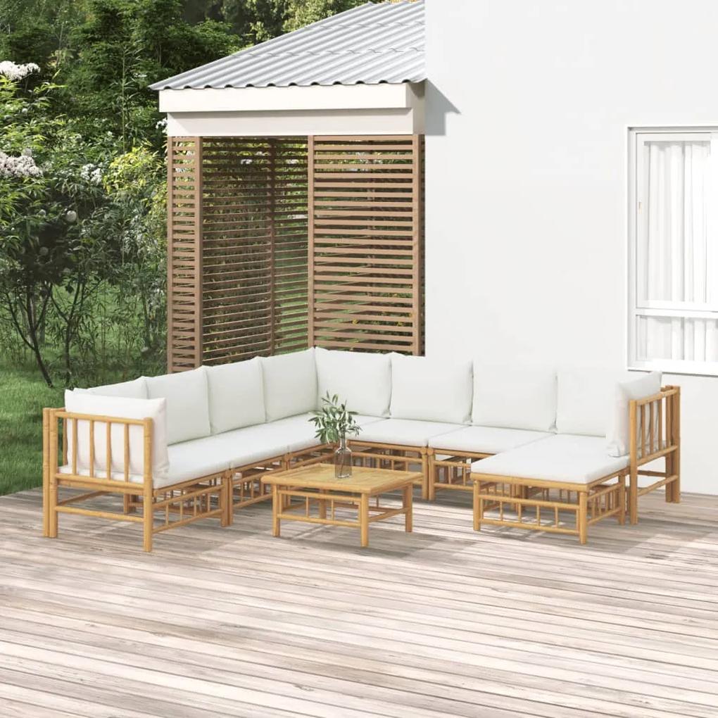 9dílná zahradní sedací souprava krémově bílé podušky bambus,  3155196