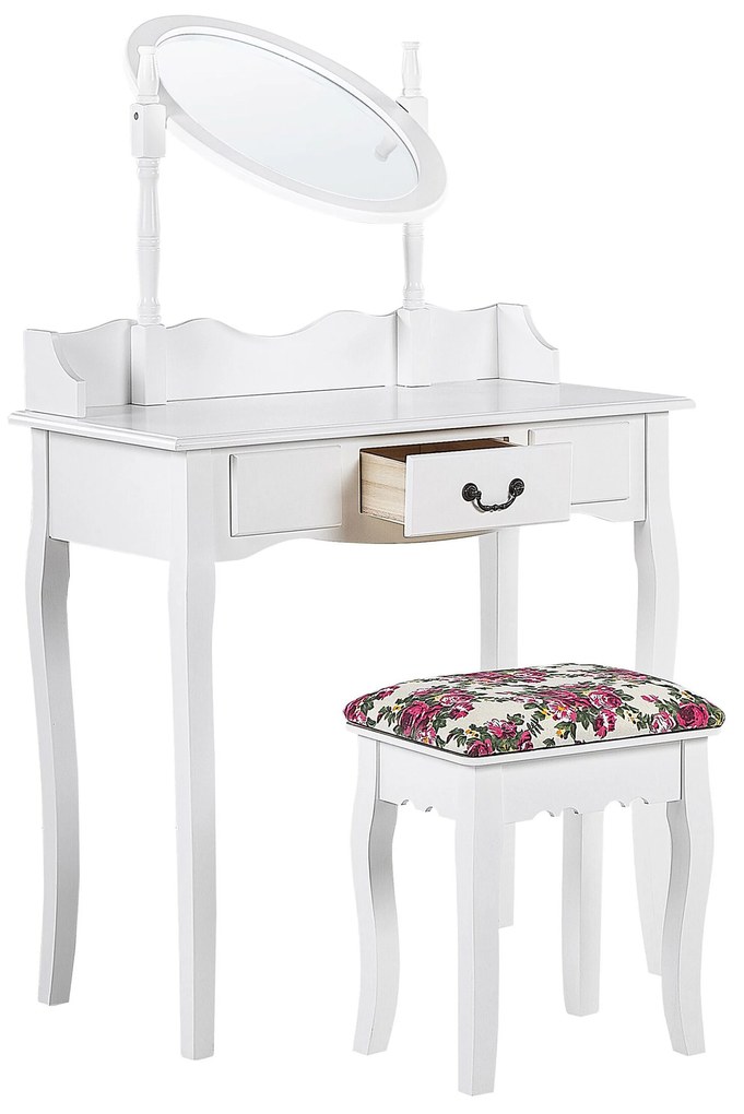 Toaletní stolek 1 zásuvka, oválné zrcadlo a bílá stolička SOLEIL Beliani