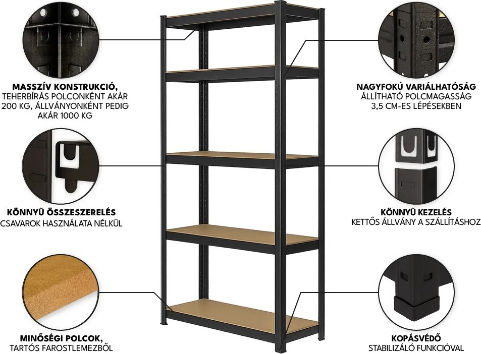 Regál 180x90x40 cm robustní lakovaný 5-policový, nosnost 1000 kg - černý - 2ks