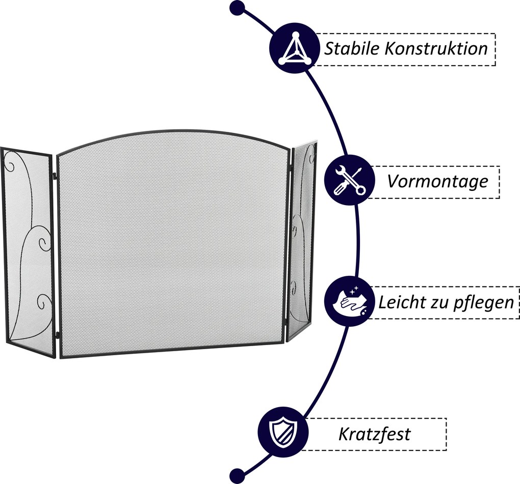 HOMCOM Krbová mřížka Krbová mřížka 3 panely výklopná Ochranná mřížka proti jiskrám Ochranná mřížka na kamna Kovová černá 1325 x 765cm pro bezpečný pr…