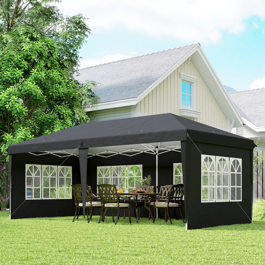 Outsunny Pavilon cca 3x6 m Vodotěsný skládací pavilon se 4 bočními stěnami, oknem Ochrana proti UV záření Přepravní taška černá