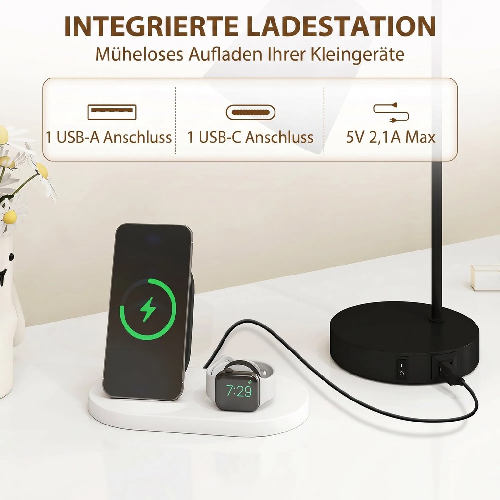 HOMCOM Sada stolních lamp, 2 kusy, moderní lampy s USB-A USB-C připojením pro ložnici, obývací pokoj a kancelář, černé