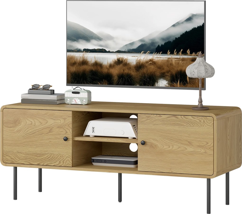 HOMCOM TV nábytek, televizní skříň až do 140 cm s 2 dveřmi, 2 otevřenými přihrádkami, kovovými nohami, 120 x 40 x 50 cm, dub