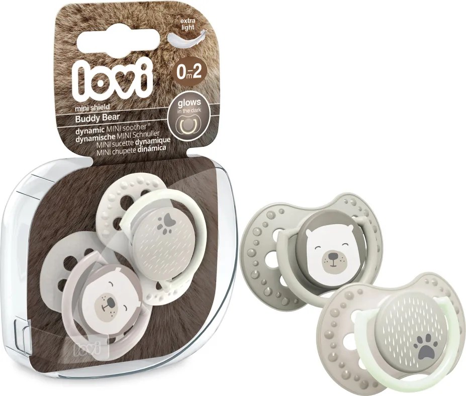 LOVI Dudlík silikonový dynamický mini BUDDY BEAR 0-2m 2ks