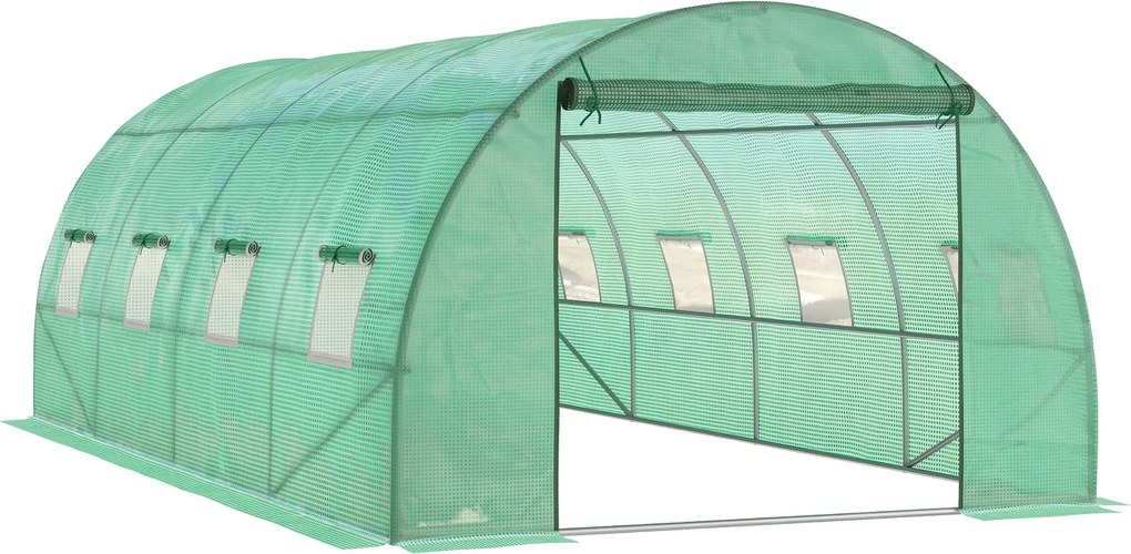 Zelený skleník Outsunny cca 6 x 3 x 2 m, fóliový skleník s 8 okny, rolovacími dveřmi a bočními panely, UV-odolný fóliový tunel, zimní skleník na rajča