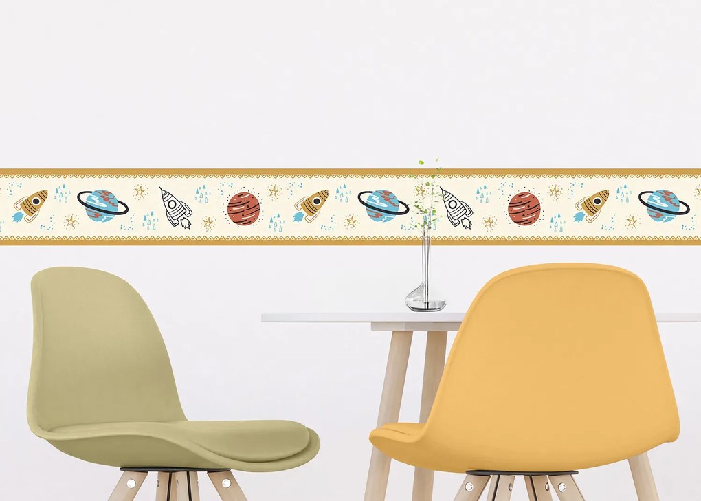 Dětská samolepící bordura na zeď Světle Žlutý Vesmír | 5 m x 13.8 cm | DWBD8057