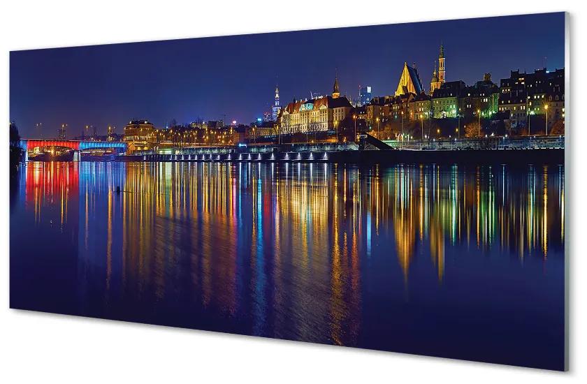 akrylový obraz Varšava město noc řeka most 125x50 cm