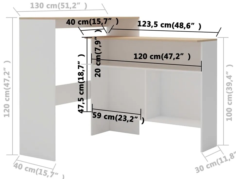 vidaXL Marketos Barový stůl se 2 stolními deskami bílý a dub 130 x 40 x 120 cm