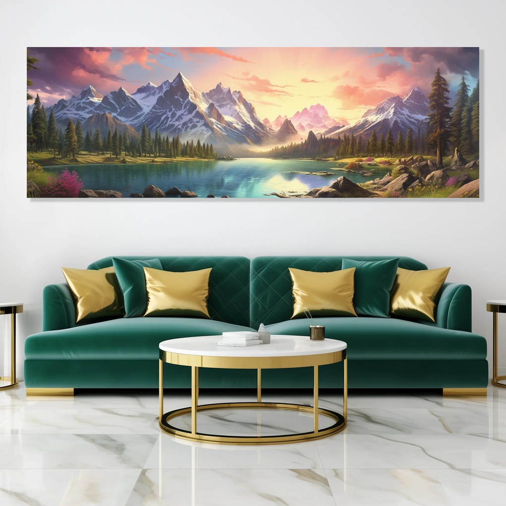 Obraz na plátně - Barevná jarní krajina s horským jezerem FeelHappy.cz Velikost obrazu: 150 x 50 cm
