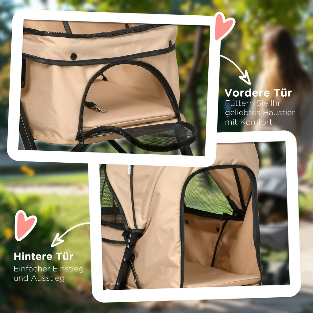 PawHut kočárek pro malé psy a kočky, kočárek pro domácí mazlíčky Oxford světle hnědý 76,5 x 52 x 95 cm, pohodlný a mobilní