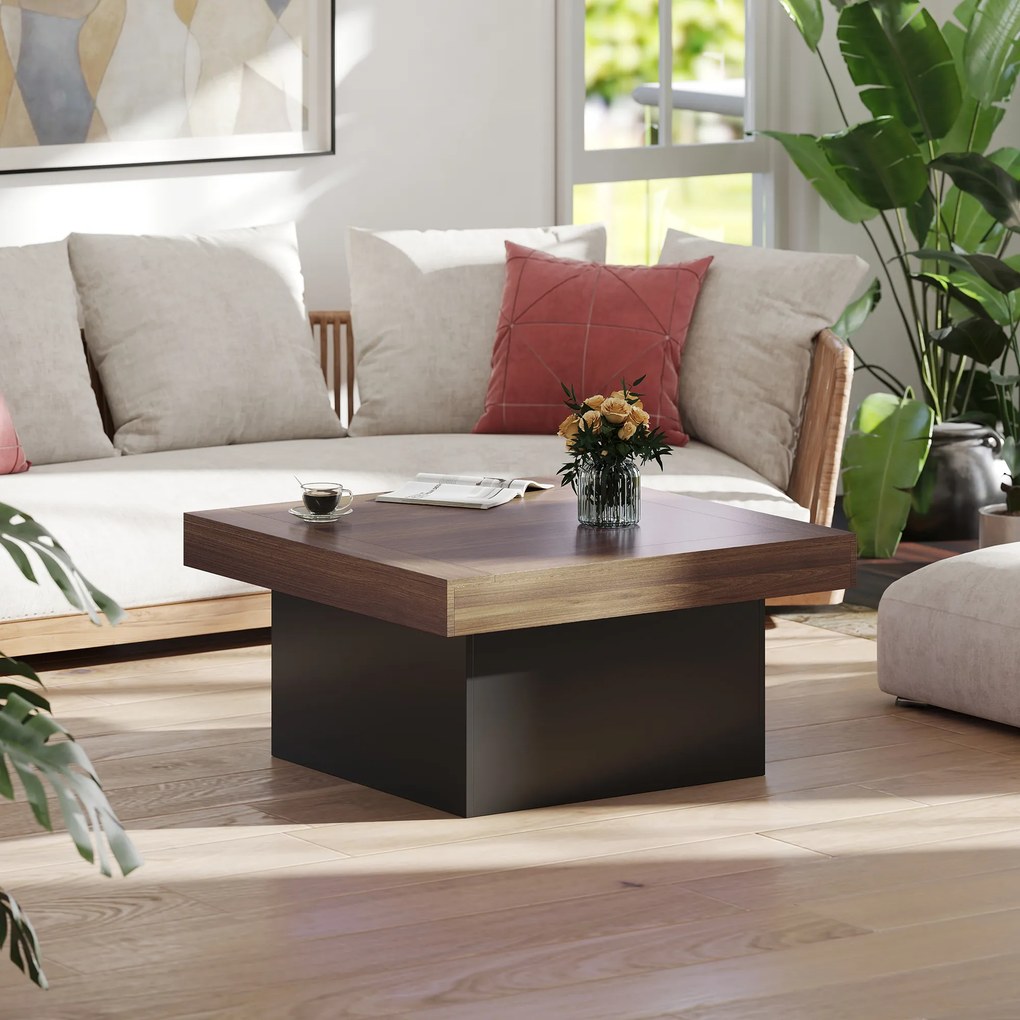 HOMCOM Čtvercový konferenční stolek s 16barevným LED osvětlením, moderní obývací stůl, 90 x 45 cm, ořech