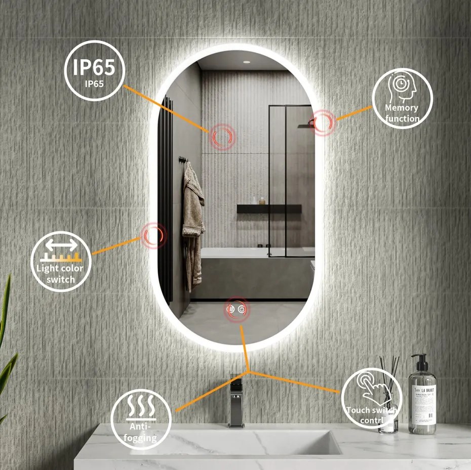 Erga Demi, oválné LED zrcadlo 50x90cm, 3 barvy světla, přední osvětlení, topná podložka proti zapaření, ERG-V01-DEMI-5090-CL
