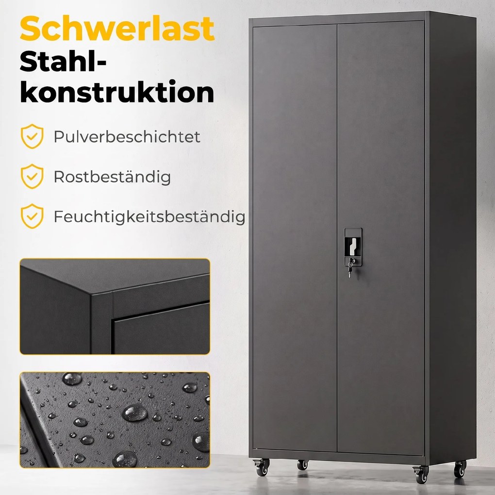 HOMCOM Skříň na dokumenty, uzamykatelná kovová skříň s kolečky, nastavitelnými policemi, z oceli, 80 x 40 x 180 cm, černá