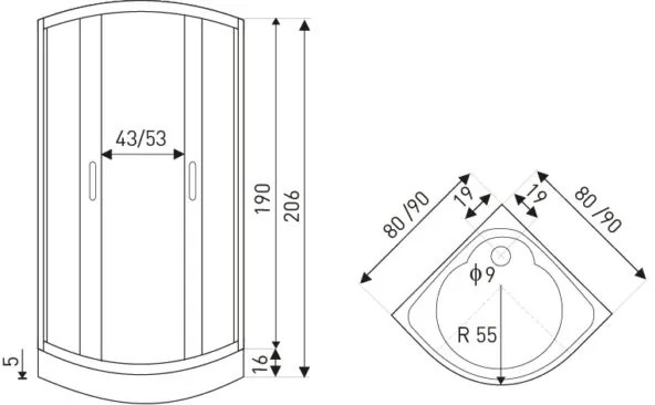 Novoterm Čtvrtkruhový sprchový kout NV-Intro 90x90 chrom/grafit + vanička PL