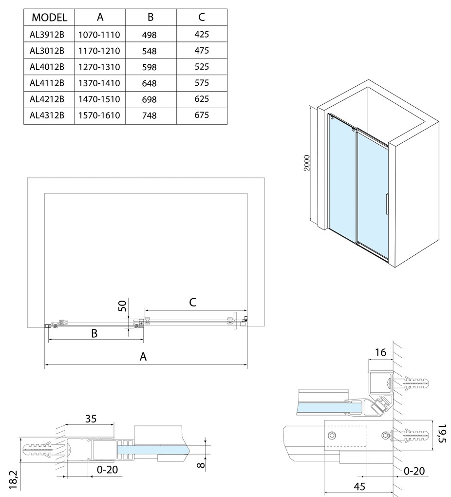 Polysan, ALTIS LINE BLACK sprchové dveře 1470-1510mm, výška 2000mm, sklo 8mm, AL4212B
