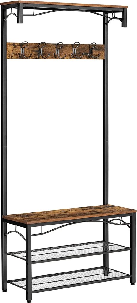 Předsíňový věšák s policí, úložným prostorem na boty a místem k sezení 80 x 32 x 178 cm, rustikální hnědá